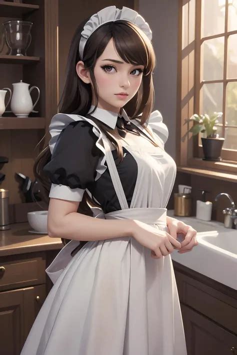 A Close Up Of A Woman In A Maid Outfit Standing In A Kitchen Seaart Ai