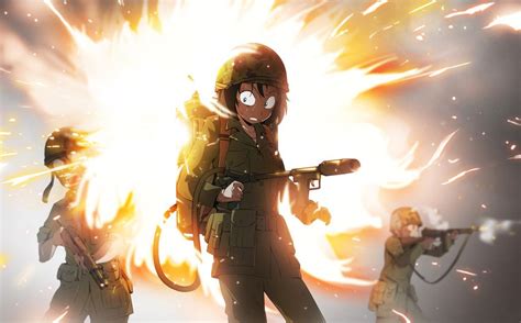 Mrxinom Original 1girl Explosion Fire Flamethrower Gun Helmet Holding Holding Gun