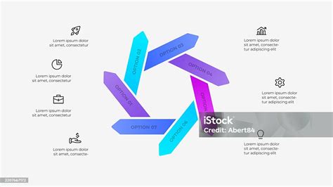 화살표 인포그래픽은 옵션으로 표시된 7개의 섹션과 다양한 개념을 보여주는 아이콘으로 구성된 원형 배열을 특징으로 합니다 비즈니스 프리젠 테이션에 이상적 0명에 대한 스톡