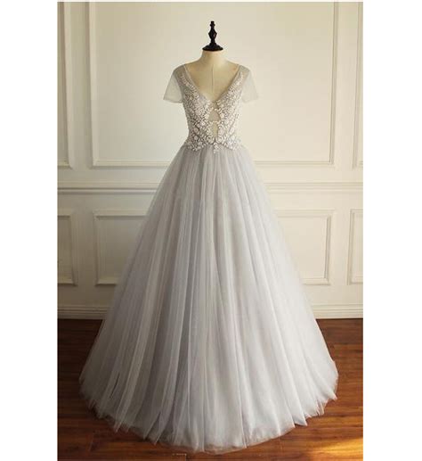 Elegant A Line V Neckline Short Sleeves Tulle Formal Prom Dress