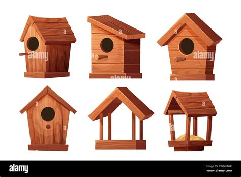 Set Wooden Bird Feeder And Bird House With Roof Hole And Seeds In Cartoon Style Isolated On