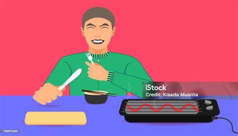 음식 홍보를위한 성배 정육점과 전기 토스터에 여유 공간 식사를 하면서 행복 한 남자추천 왼손에는 숟가락과 칼을 오른손에 들고