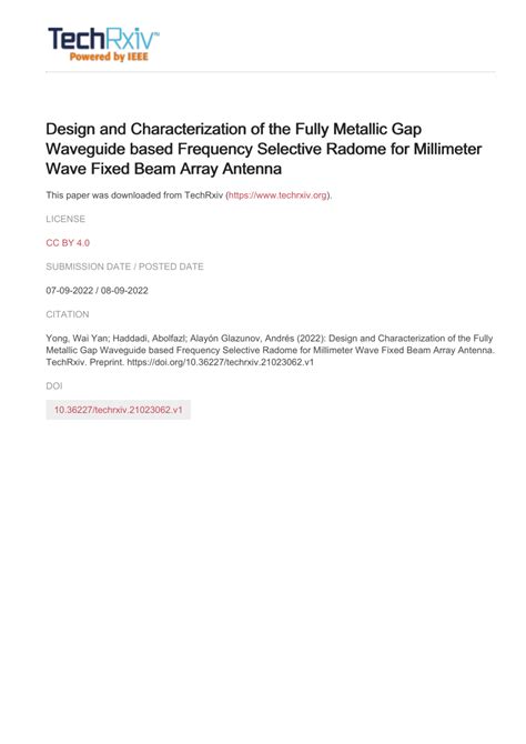 Pdf Design And Characterization Of The Fully Metallic Gap Waveguide Based Frequency Selective