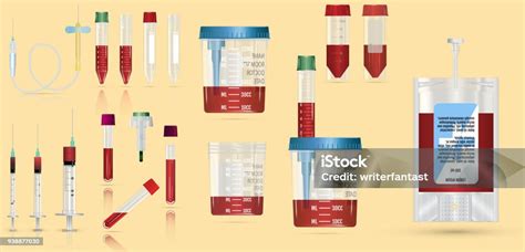 현실적인 의료 용품입니다 대 한 혈액 컬렉션 집합 단기 실험실 시험관 주사기에 대 한 노란색 배경 벡터 일러스트입니다 3d 빨강에 대한 스톡 벡터 아트 및 기타 이미지