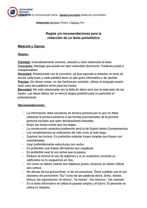 Reglas Y Recomendaciones Para La Redacción De Un Texto Periodistico Bertone Gaspar Y Zanone