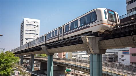 고가도로를 달리는 흰색과 베이지색 지하철 열차 건물을 통과하는 지바 시티 모노레일의 요시카와 공원 역 근처 잇폰바시 다리에서 고화질 사진 사진 기차 배경 일러스트 및