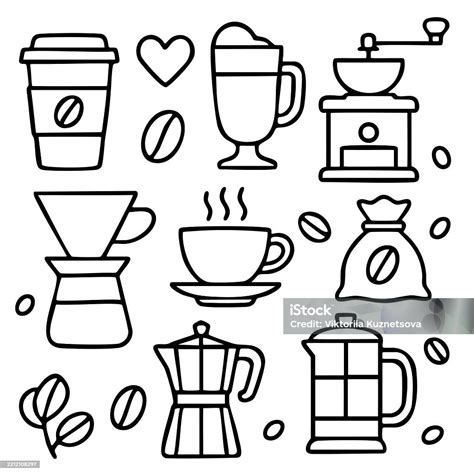 개요 스타일의 머그잔 메이커 콩 및 컵을 포함한 커피 관련 아이콘 세트 검은색에 대한 스톡 벡터 아트 및 기타 이미지 검은색 경영자 깨끗한 Istock
