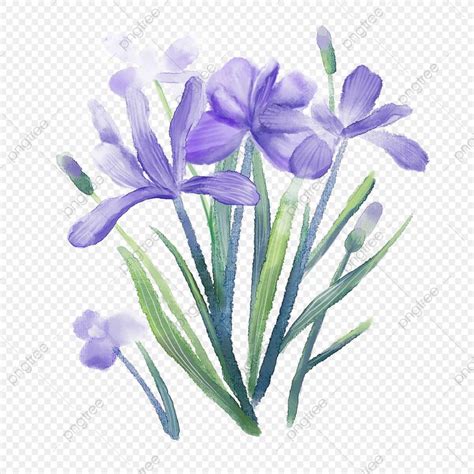 파란 붓으로 그린 보라색 아이리스 수채화 그림