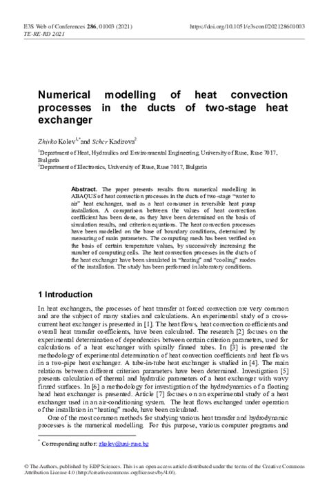Pdf Numerical Modelling Of Heat Convection Processes In The Ducts Of