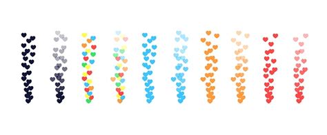 플랫 스타일의 스트림을위한 다채로운 하트 세트 소셜 미디어 게시물 라이브 스트리밍을위한 빨간색 분홍색 오렌지 검은 색과 파란색 하트를 날리십시오 블로깅 라이브 긍정적 인