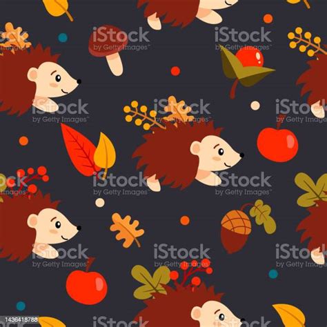 귀여운 고슴도치와 파란색 배경에 나뭇잎이있는 가을 이음새가 없는 패턴 그림 9월에 대한 스톡 벡터 아트 및 기타 이미지 9월