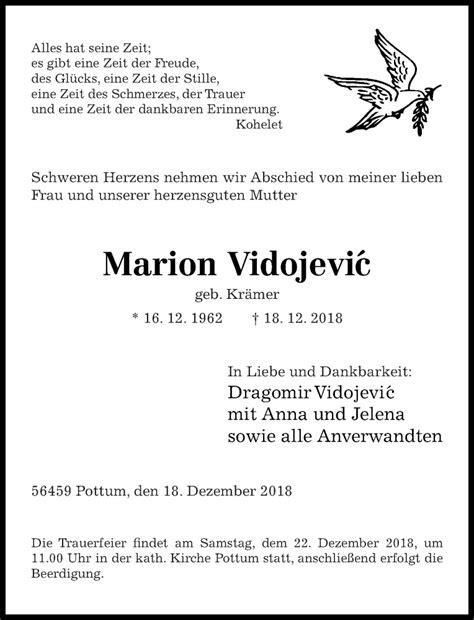 Traueranzeigen Von Marion Vidojevic Rz Trauerde