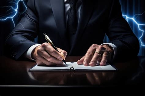Premium Photo A Man In A Suit Writing On A Notepad