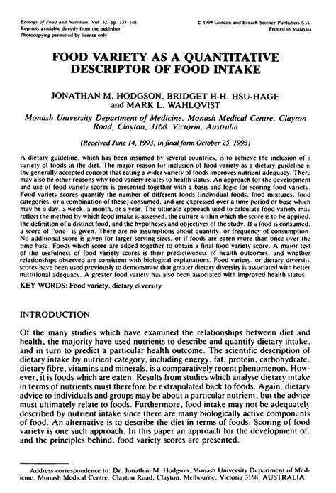 Pdf Food Variety As A Quantitative Descriptor Of Food Intake
