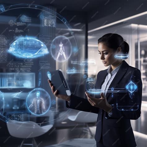 Premium Photo Gorgeous Woman Interacting With Futuristic Holografic