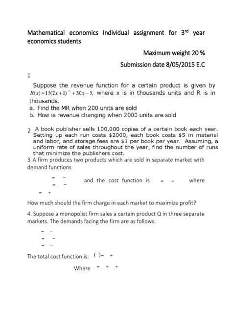 Mathematicaleconomicsindividualassignmentfor3rdyeareconomics Pdf