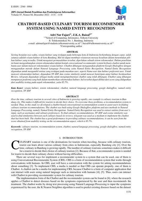 Pdf Chatbot Based Culinary Tourism Recommender System Using Named Entity Recognition