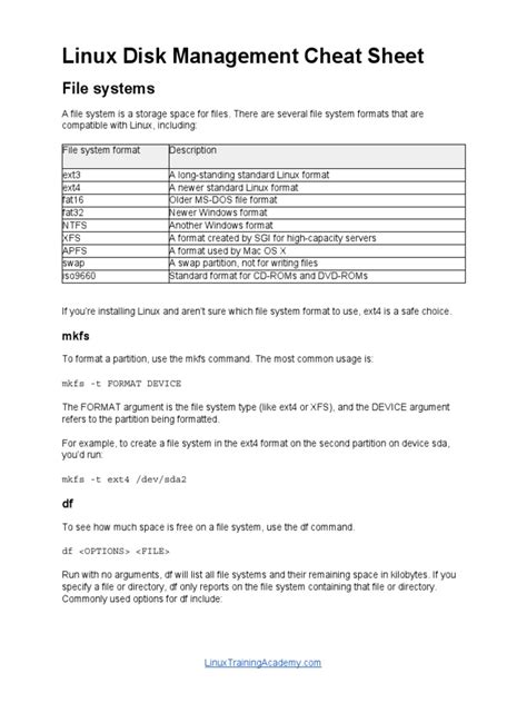 Linux Disk Management Cheat Sheet Pdf File System Computer File