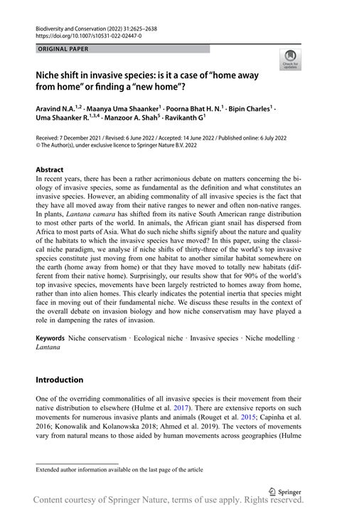 Niche Shift In Invasive Species Is It A Case Of “home Away From Home