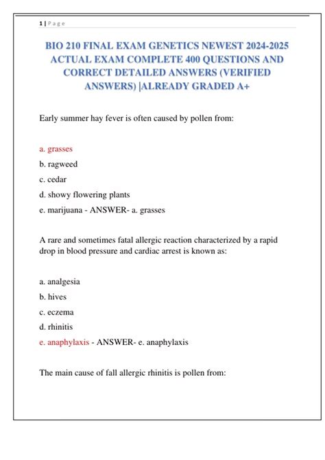 Bio 210 Final Exam Genetics Newest Actual Exam Complete 400 Questions