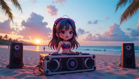 Cute Anime Girl Djing On A Tropical Beach At Sunset Pixel Art Illustration Stock Illustration