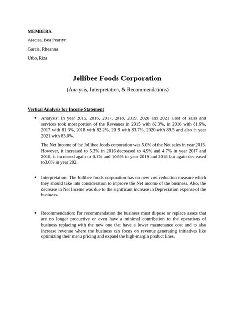 Vertical Analysis Interepretation And Recommendation Jollibee Food Corp