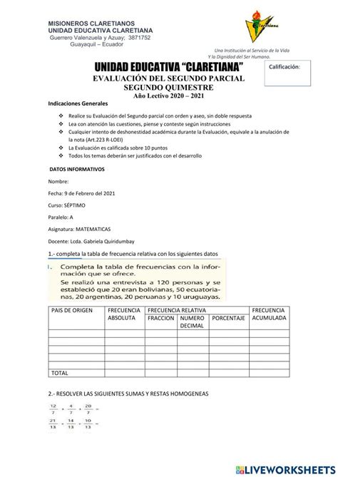 Evaluacion Online Exercise For Septimo Live Worksheets
