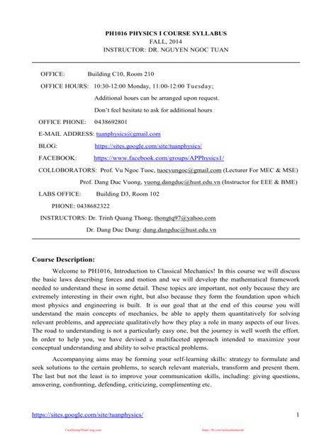 PH Physics I Course Syllabus Fall