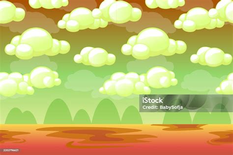 이음새가 없는 끝없는 요소하늘 구름 산 사막으로 만든 게임 배경 2d 모바일 게임을 위한 벡터 자산 및 레이어 만화 스타일 게임 배경 2차 도형에 대한 스톡 벡터 아트 및