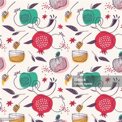 로쉬 하샤나 유대인 휴일 히브리어로 된 전통적인 인사말이 있는 패턴 번역 달콤하고 새해 복 많이 받으세요 석류 사과 유대인의 뿔과 꽃 간단한 선 벡터 그림 유대교 신년제에