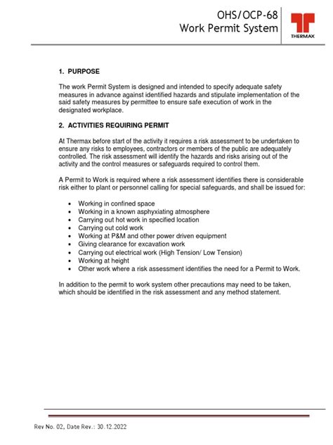 Ocp 68 Work Permit System Pdf Occupational Safety And Health Risk Assessment