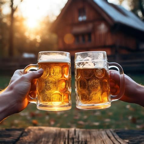 Premium Ai Image A Couple Hands Toasting Two Plain Beer Mugs Have Any