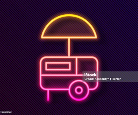 빛나는 네온 라인 차양 아이콘이 있는 패스트 스트리트 푸드 카트는 검은색 배경에 분리되어 있습니다 도시 키오스크 아이스크림 트럭 벡터 3차원 형태에 대한 스톡 벡터 아트 및