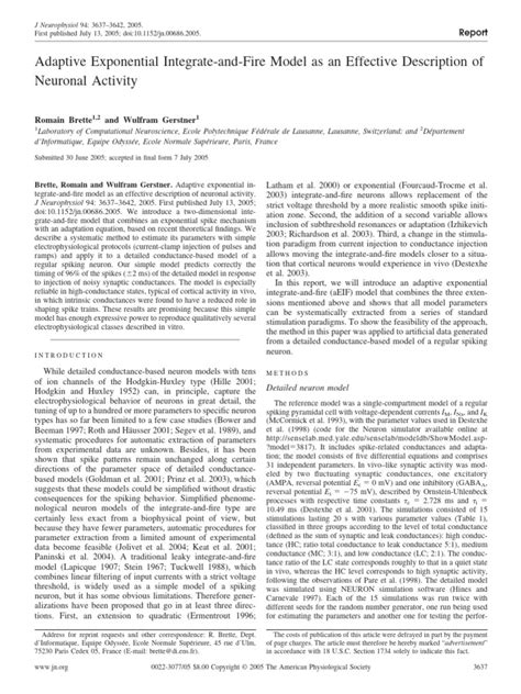 Brette Gerstner 2005 Adaptive Exponential Integrate And Fire Model As An Effective Description