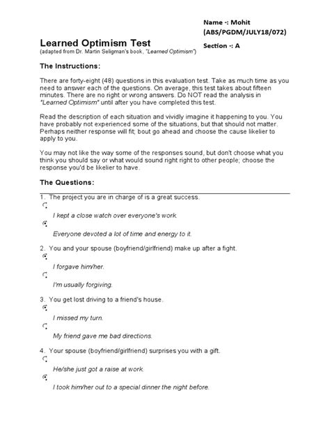 Learned Optimism Test Mohit Pdf