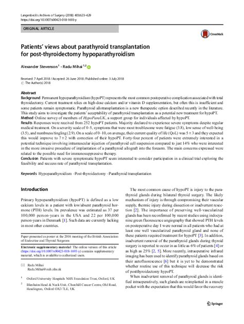 Pdf Patients Views About Parathyroid Transplantation For Post Thyroidectomy Hypoparathyroidism
