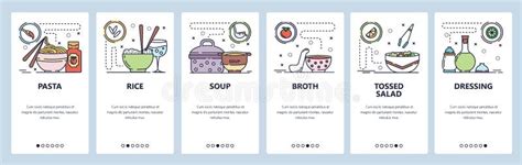 Mobile App Onboarding Screens Food Menu In Cafe Or Restaurant Pasta Rice Soup Dressing