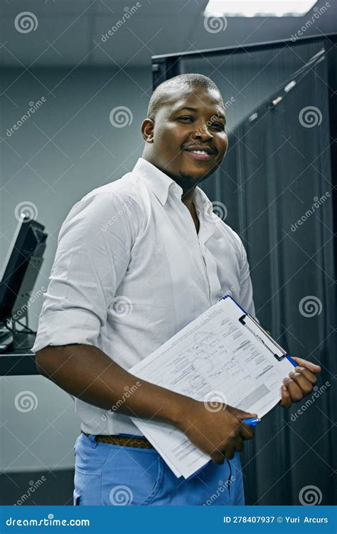Server Room Happy Black Man Or Portrait Of Technician With Online Cyber Security Glitch In Data
