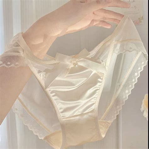 French Sexy Ice Silk Satin Panties Womens Mesh Lace Trim Bow Smooth