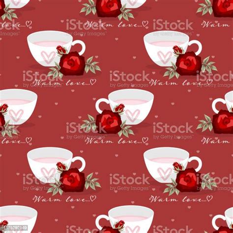 작은 마음과 빨간 배경에 잎과 따뜻한 사랑 텍스트와 마음과 빨간 장미와 귀여운 차 컵의 발렌타인 데이 원활한 패턴 사랑과