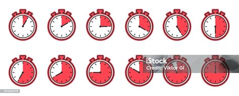 타이머 시계 스톱워치 는 서로 다른 시간으로 격리된 세트 아이콘을 중지합니다 카운트다운 타이머 기호 아이콘 세트입니다 빨간색 으로 칠한 시간 의미와 스포츠 시계 라벨 요리