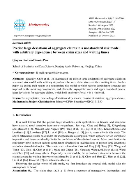 Pdf Precise Large Deviations Of Aggregate Claims In A Nonstandard Risk Model With Arbitrary