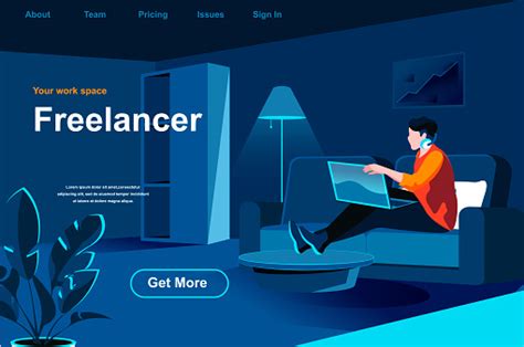 프리랜서 작업 아이소메트릭 방문 페이지 홈 오피스 상황에서 편안한 조건에서 노트북으로 작업하는 젊은 남자 3차원 형태에 대한 스톡 벡터 아트 및 기타 이미지 Istock