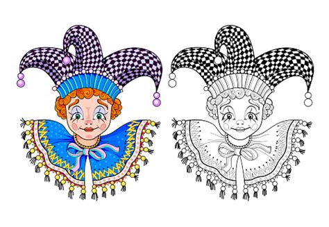 어린이 색칠 공부를 위한 다채롭고 흑백 템플릿입니다 아름 다운 작은 광대 인형의 그림입니다 어린이와 성인을 위한 워크시트 손으로 그린 벡터 일러스트 레이 션