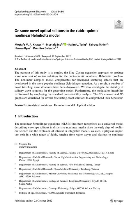 Pdf On Some Novel Optical Solitons To The Cubicquintic Nonlinear Helmholtz Model