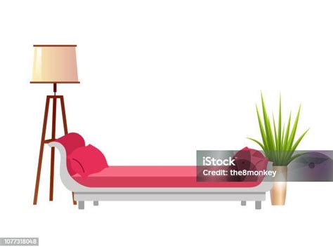 현실적인 빨간 소파 플로어 램프와 화분 인테리어 벡터 일러스트 레이 션 0명에 대한 스톡 벡터 아트 및 기타 이미지 0명