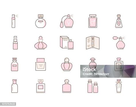 향수 병 라인 아이콘 벡터 일러스트에는 유리 분무기 고급 퍼퓸 샘플러 에센셜 오일 화장품 매장용 쾰른 윤곽 그림으로 아이콘이 포함되어 있습니다 핑크 컬러 벡터에 대한 스톡