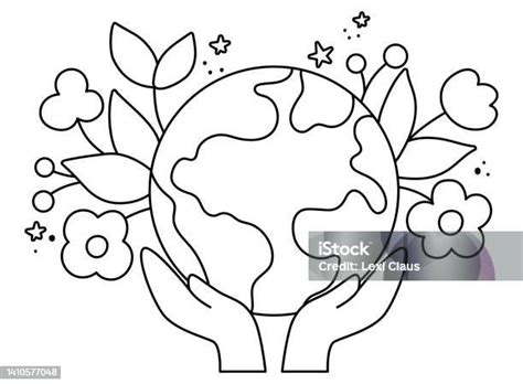 벡터 흑백 손이 꽃으로 지구를 잡고 있습니다 귀여운 행성과 지구 데이 라인 일러스트레이션 지구본과 환경 친화적 인 아이콘 귀여운 생태 개념 또는 색칠 공부 페이지 지구의