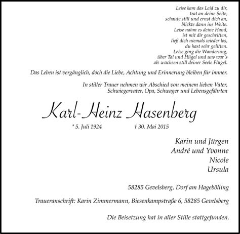 Traueranzeigen Von Karl Heinz Hasenberg Trauer In Nrwde
