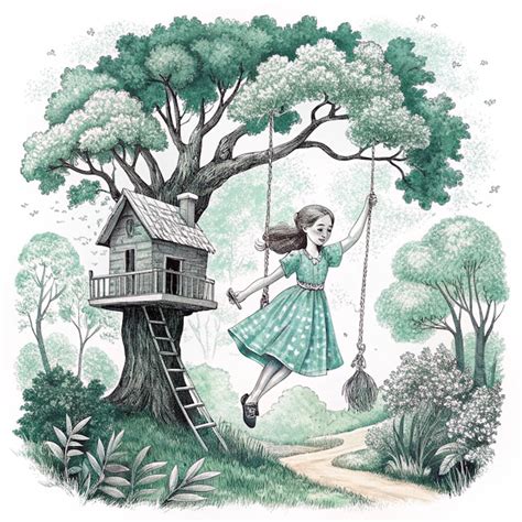 A Drawing Of A Girl Swinging On A Swing With A Tree In The Background Premium AI Generated Image